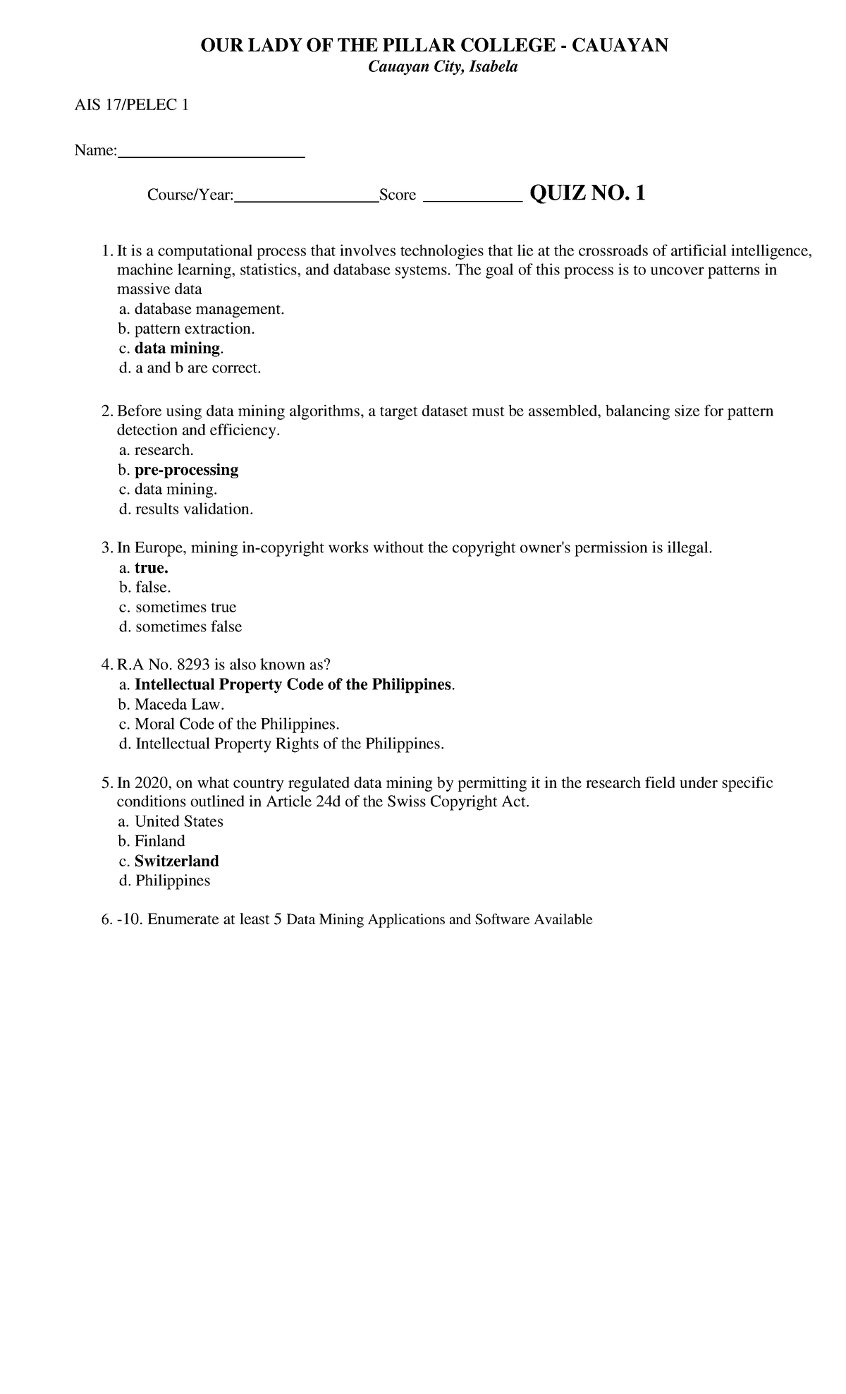 AIS17 Pelec 1 QUIZ (WITH Answer KEYS) - OUR LADY OF THE PILLAR COLLEGE ...