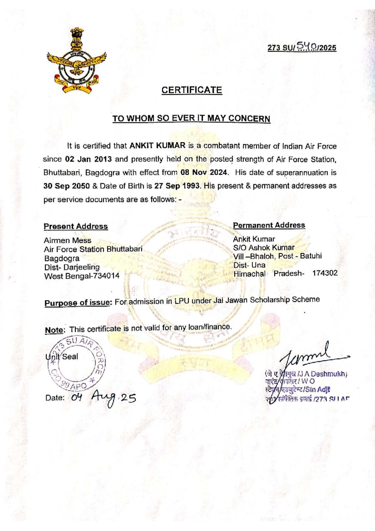 273 OIL CHR 147 Certificate of Active Service for Ankit Kumar - Studocu