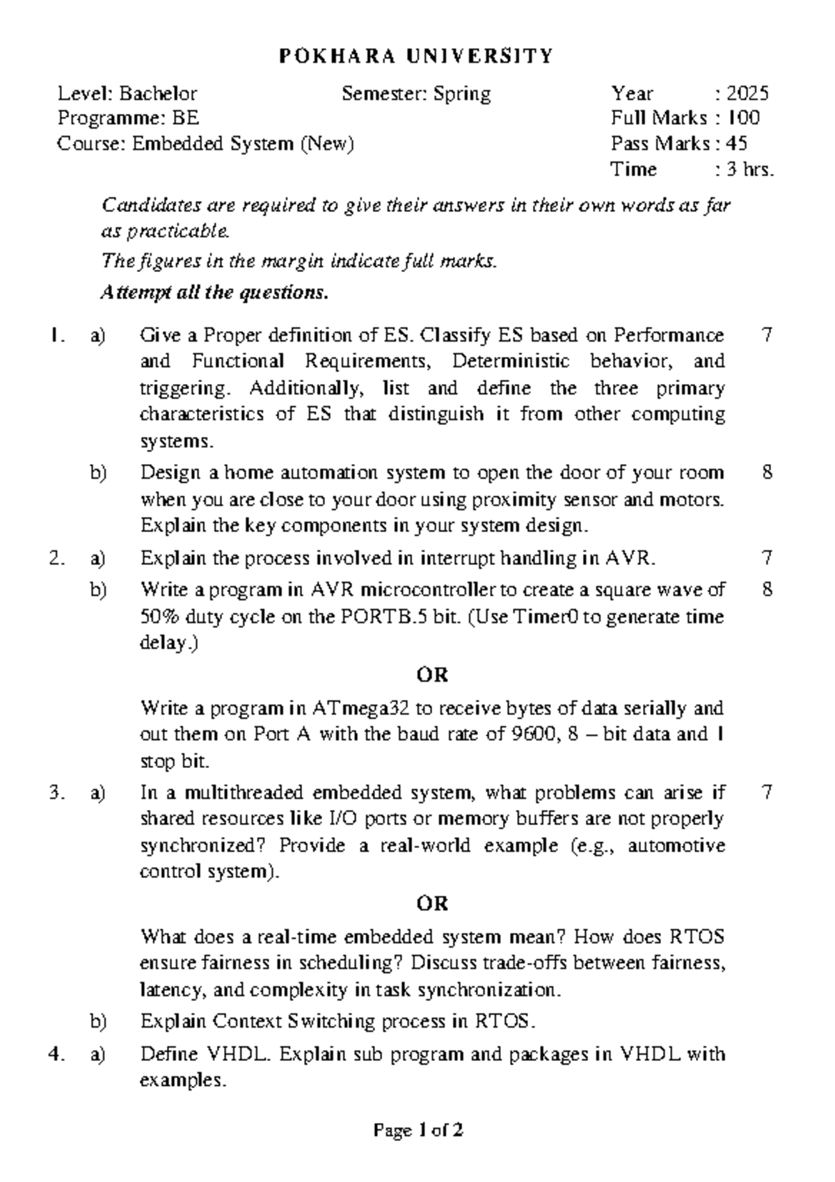 Embedded System (New) - Old Question Paper for BE Spring 2025 - Studocu