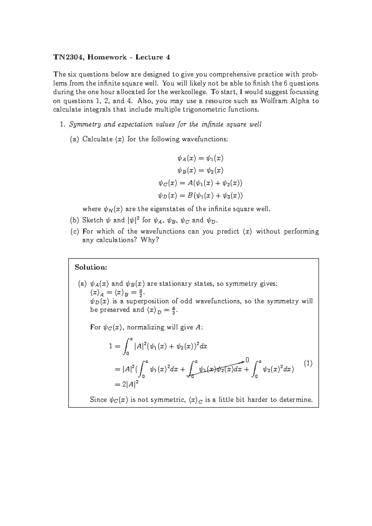 TN2304 Homework Lecture 4: Infinite Square Well Problems Solutions ...