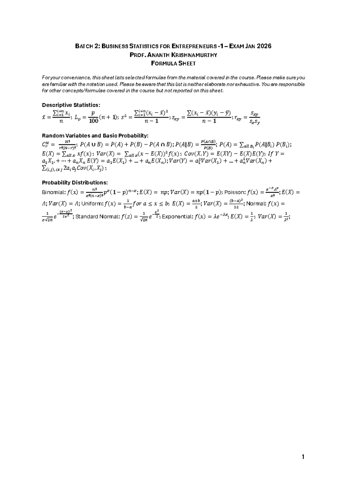BATCH 2: BUSINESS STATISTICS FOR ENTREPRENEURS EXAM FORMULA SHEET - Studocu