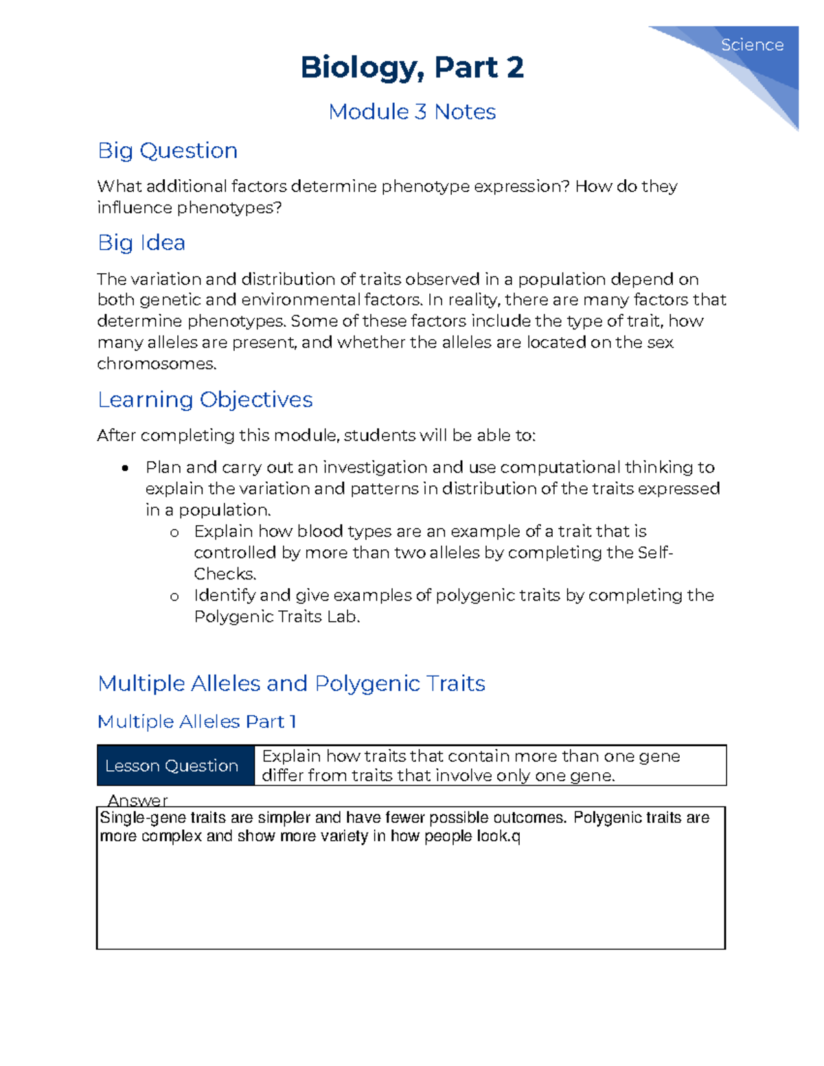 Biology M03: Module 3 Notes on Multiple Alleles & Polygenic Traits ...