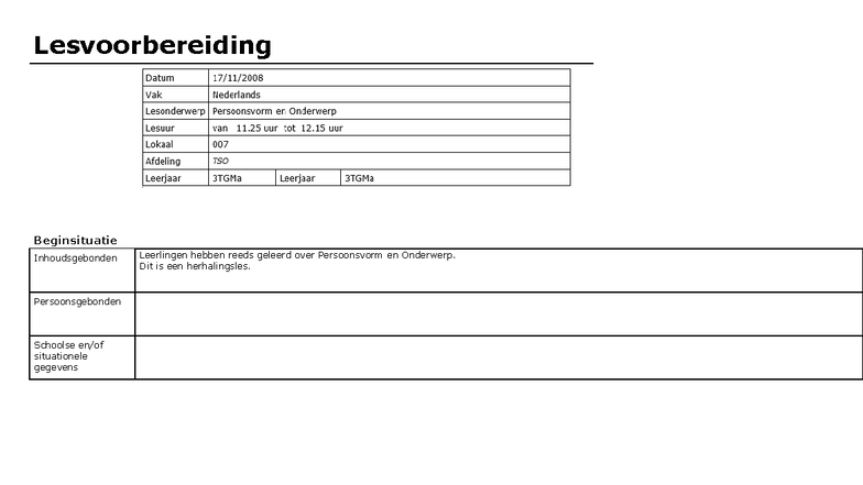 Lesvoorbeiding Onderwerp en PV - Lesvoorbereiding Beginsituatie ...