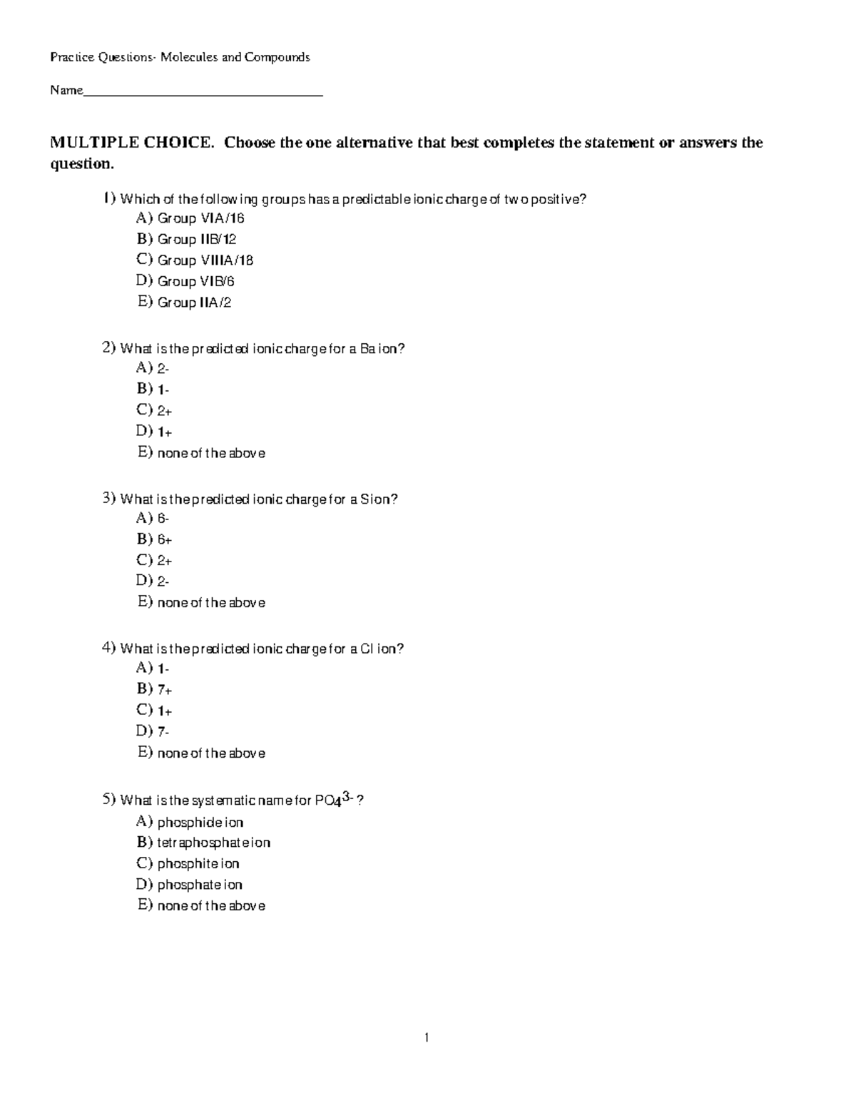 Practice MCQs on Molecules and Compounds - CHAPTER 5 - Studocu