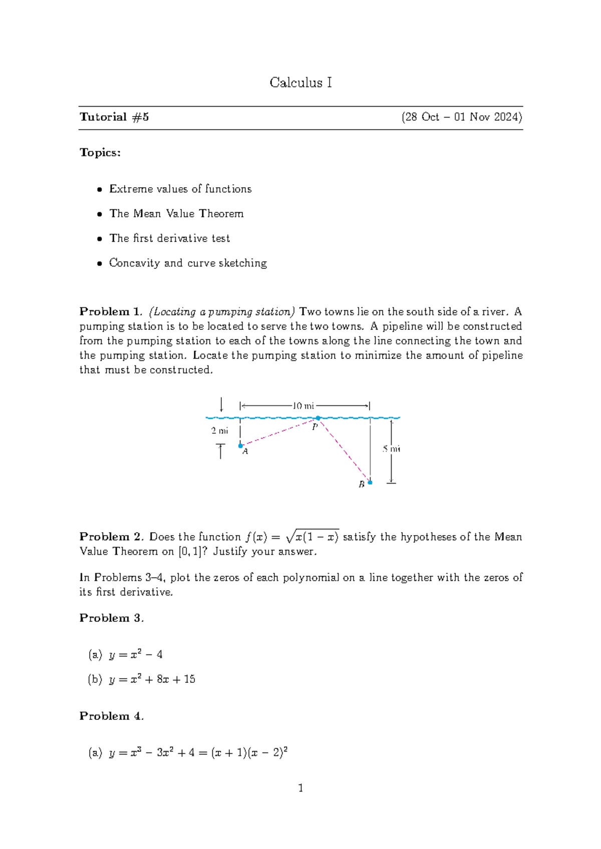 Calculus I 24-25 - Tutorial #5: Extreme Values & Mean Value Theorem ...