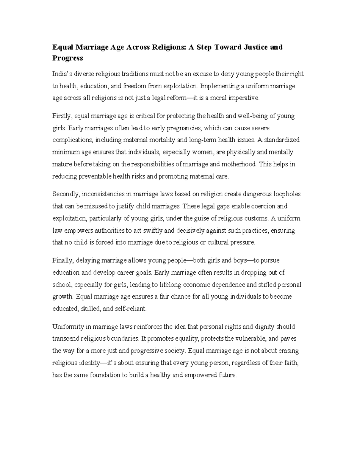Equal Marriage Age Across Religions: A Path to Justice and Equality ...
