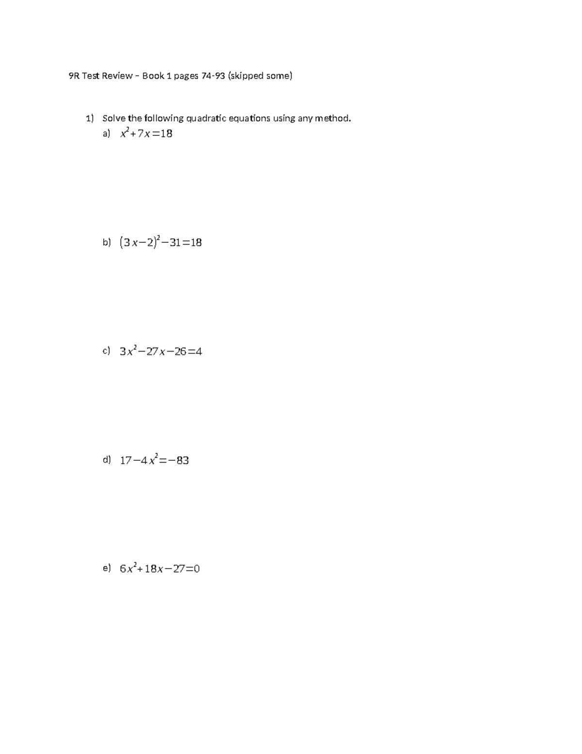 2023-2024 9R Test Review: Quadratics & Box Dimensions - Studocu