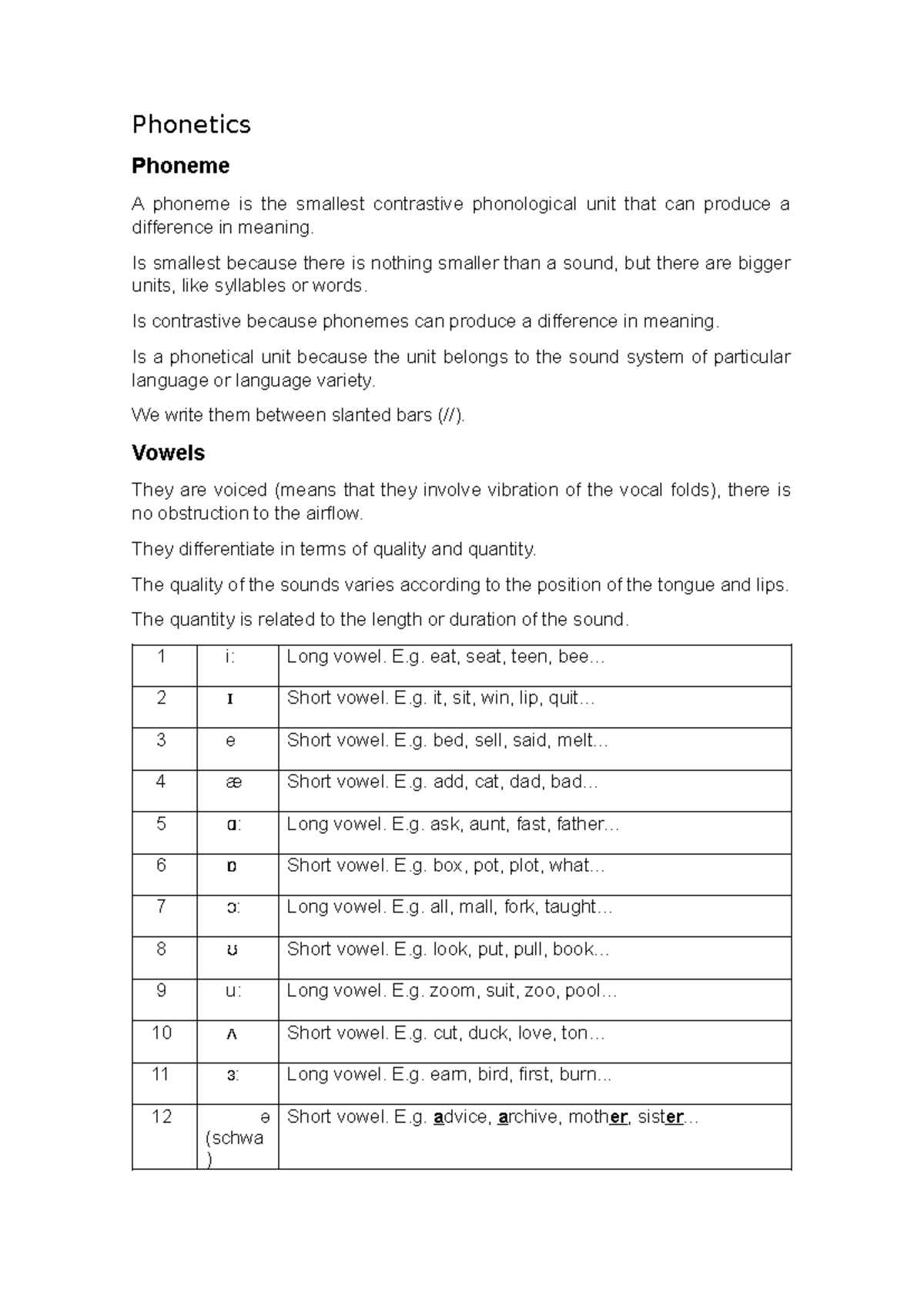 Phonetics Summary: Key Concepts and Vowel/Consonant Analysis - Studocu