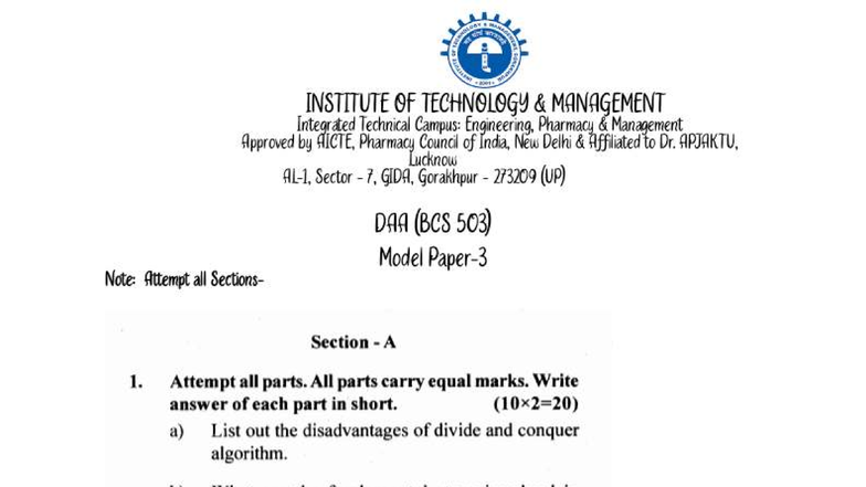 DAA (BCS 503) Model Paper: Algorithm Design & Analysis - Studocu