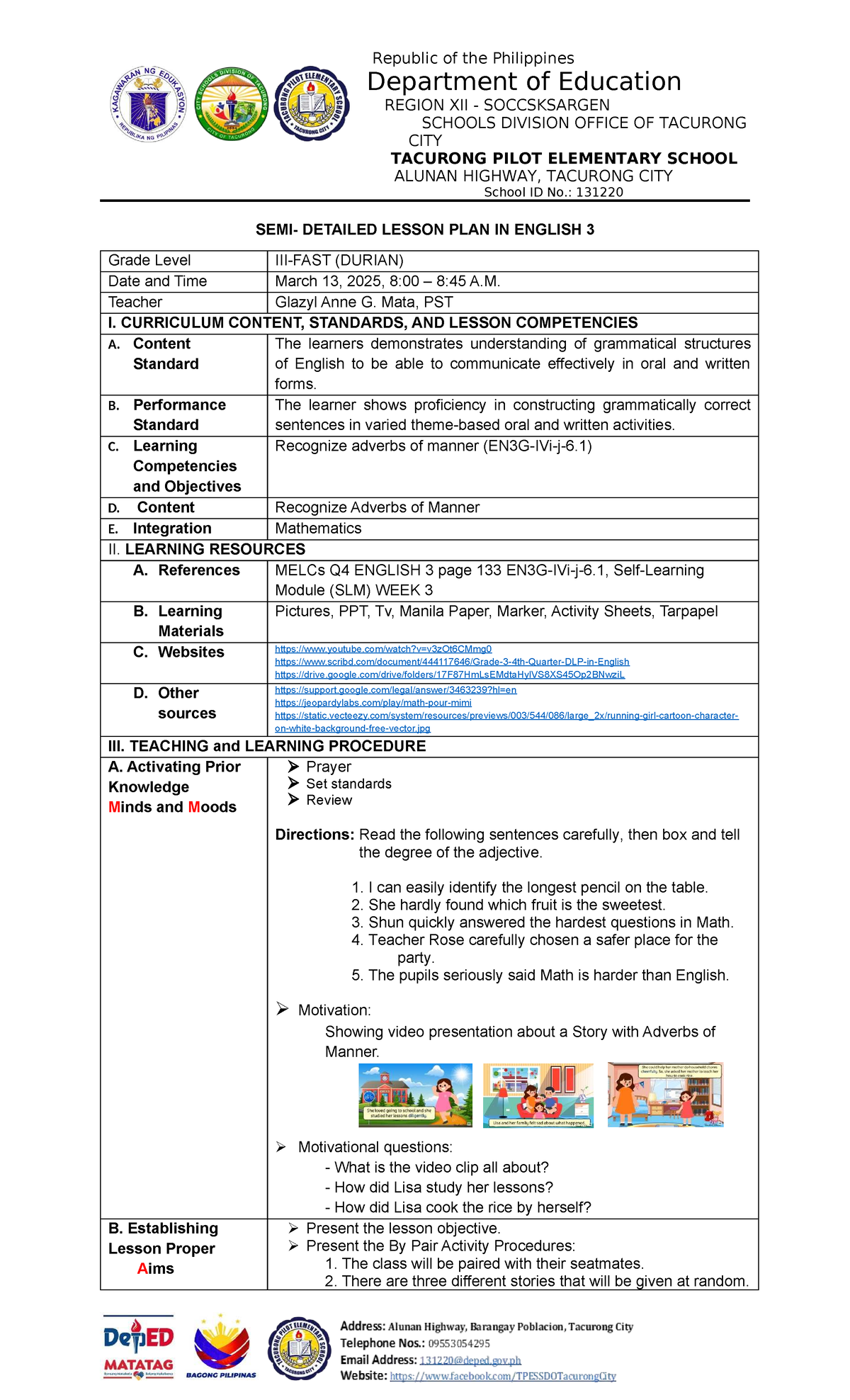 Detailed Lesson Plan in English 3: Adverbs of Manner (W3) - Studocu