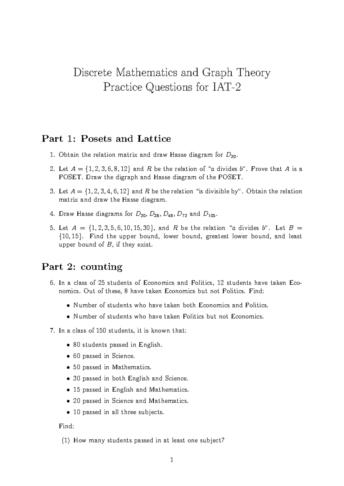 Discrete Mathematics and Graph Theory Practice Questions (Part 1-3 ...