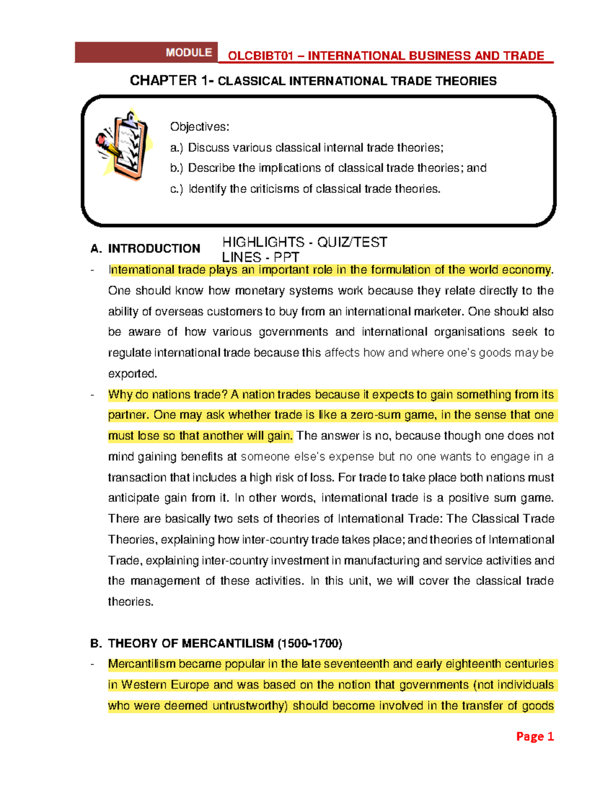 Chapter 2 - Classical International Trade Theories - CHAPTER 1 ...