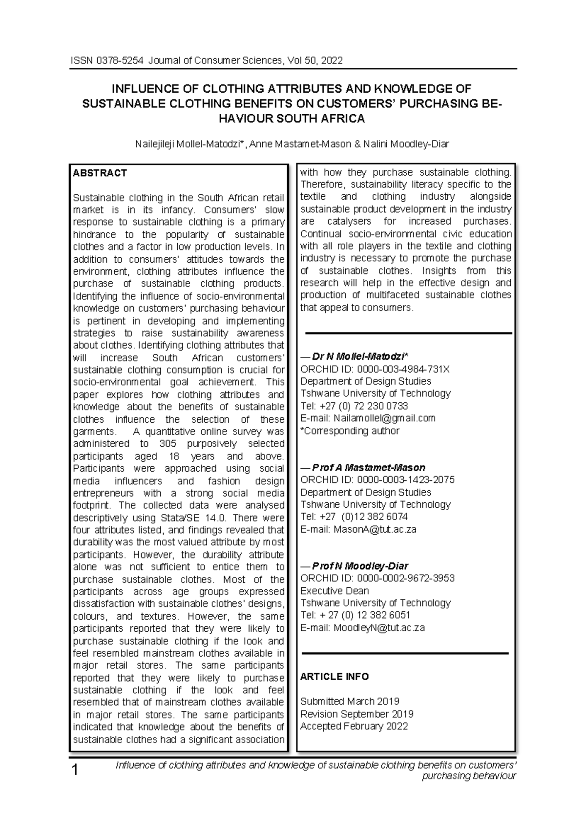 Influence of clothing attributes and sustainability knowledge on ...