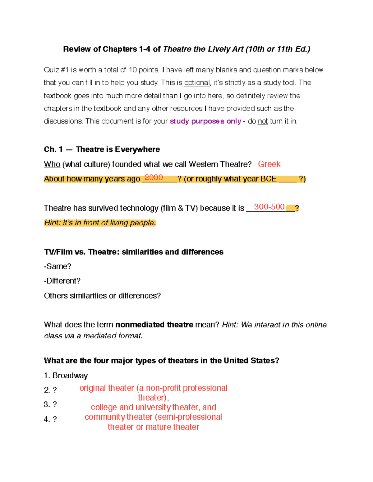 Chapters 1-4 review - 2022 - Review of Chapters 1-4 of Theatre the ...