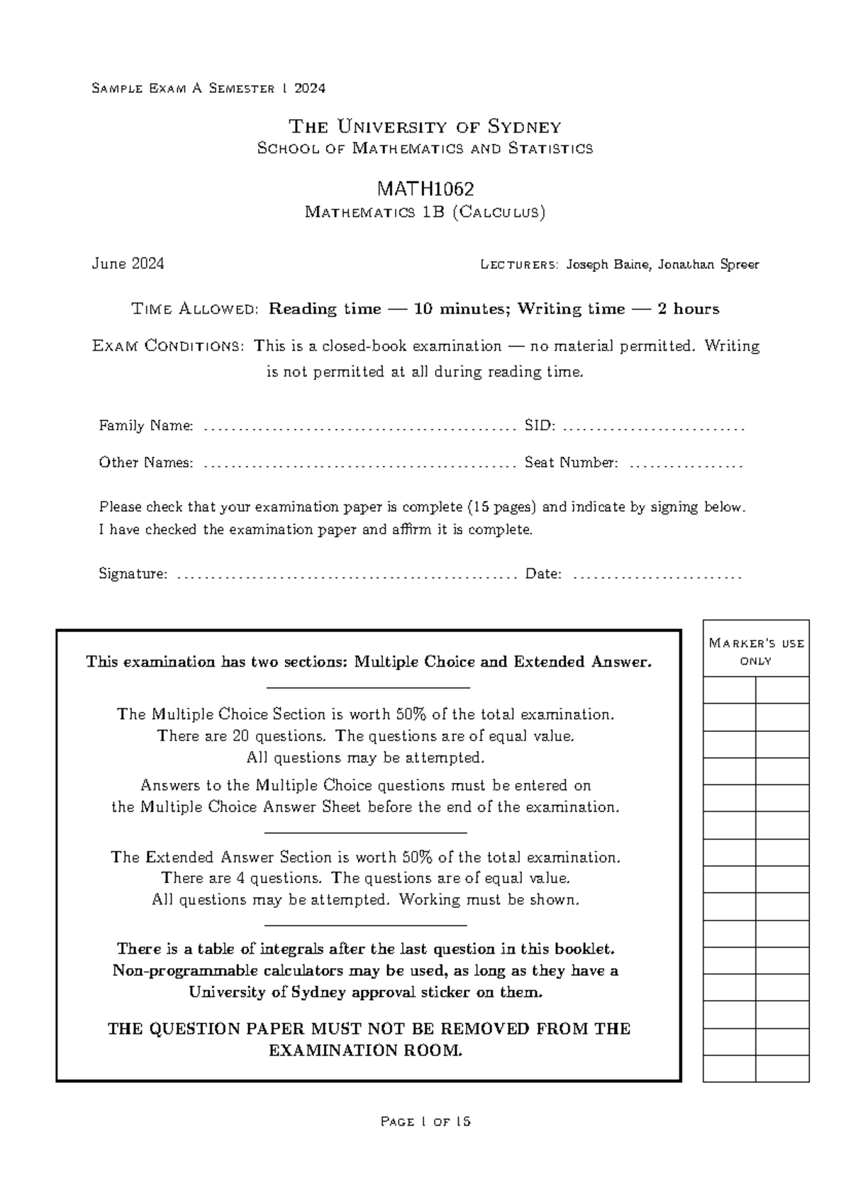 Calculus Sample Exam A MATH1062 Semester 1 2024 - Studocu