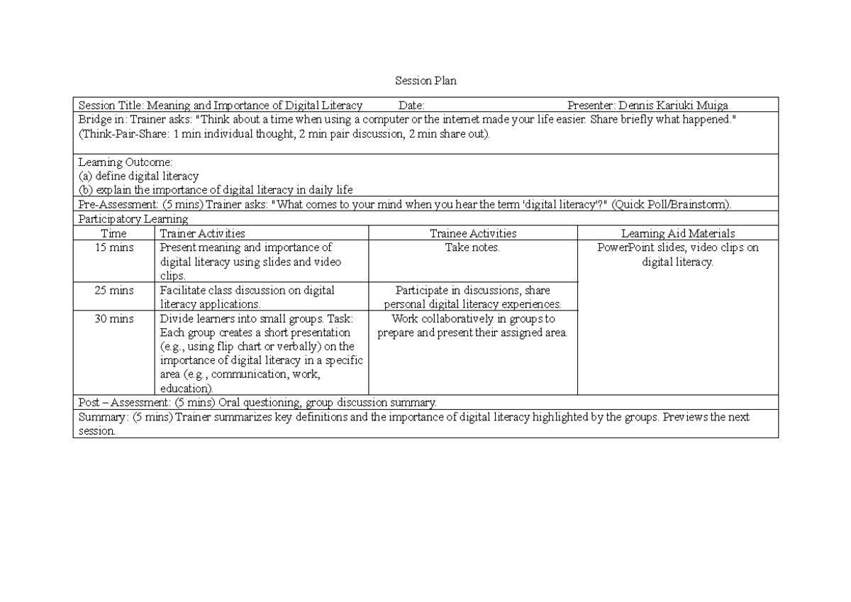 Digital Literacy Session Plan: Importance, Skills & Applications - Studocu