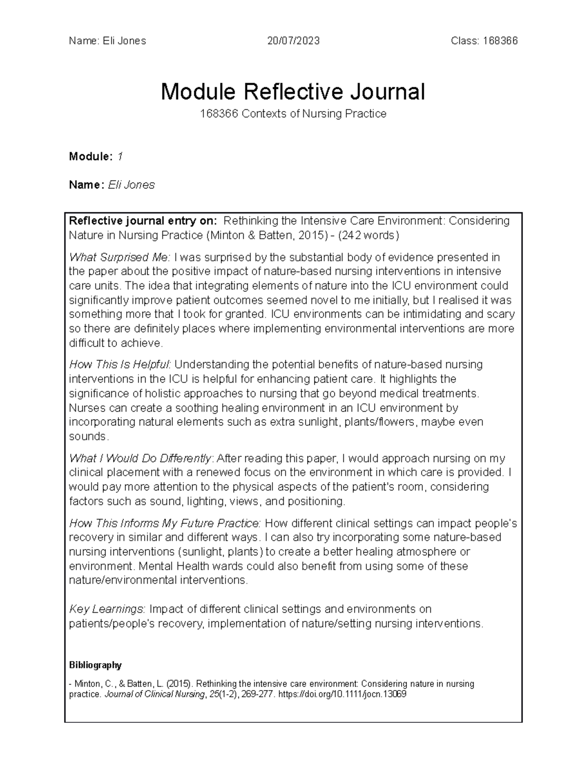 Reflective Journal template - Name: Eli Jones 20/07/2023 Class: 168366 ...