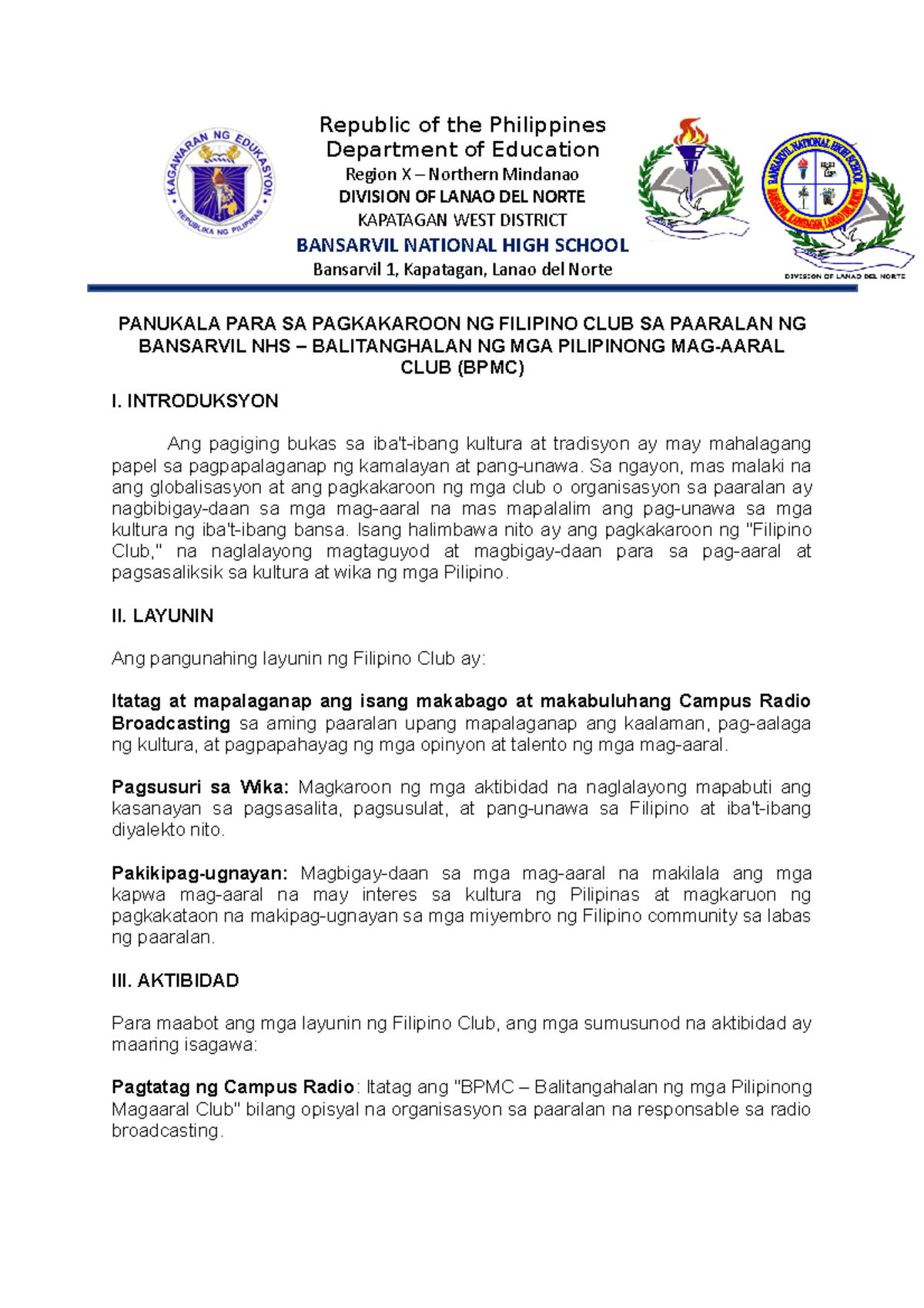 Filipino-CLUB Proposal for Bansarvil National High School - Studocu