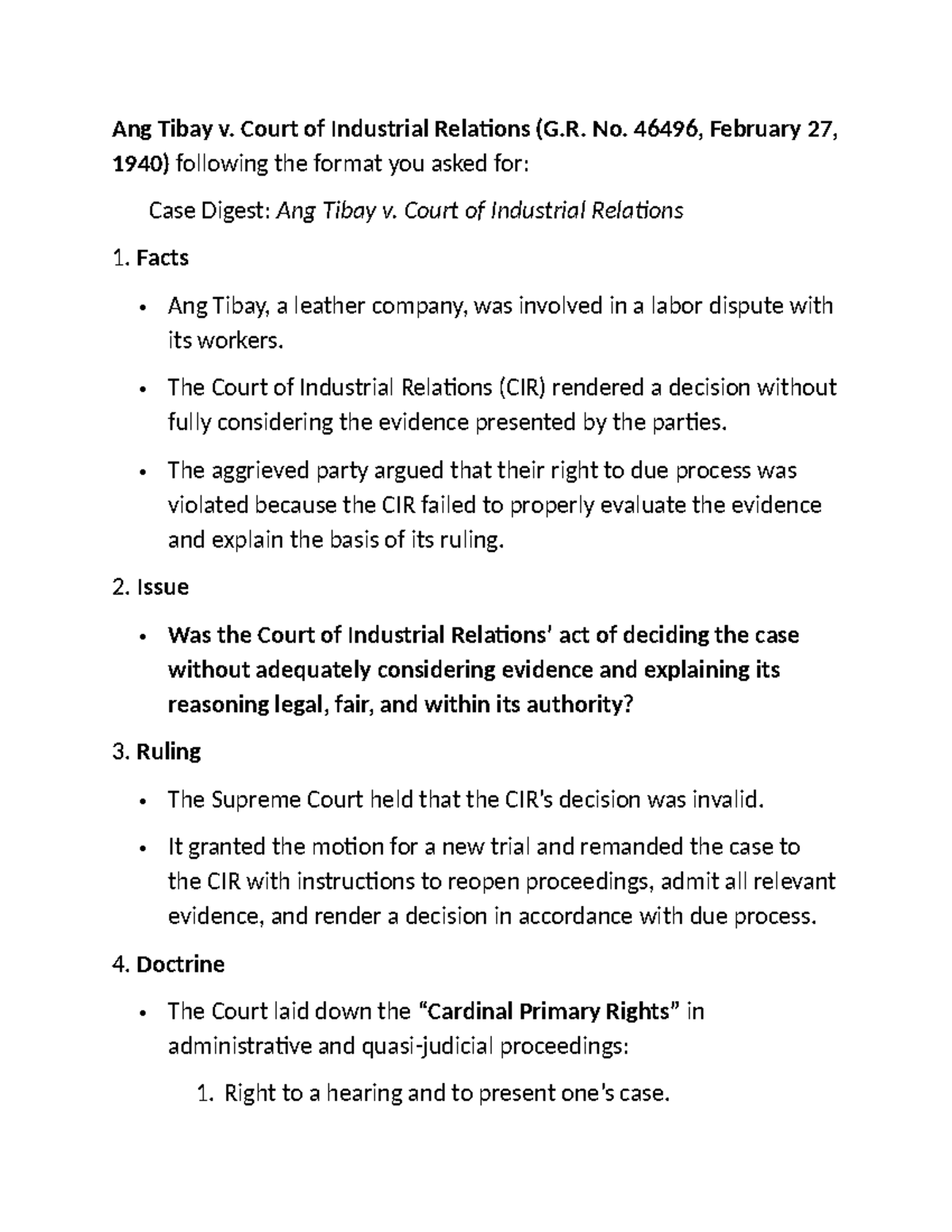 Case Digest: Ang Tibay v. CIR (G.R. No. 46496, Feb 27, 1940) - Studocu