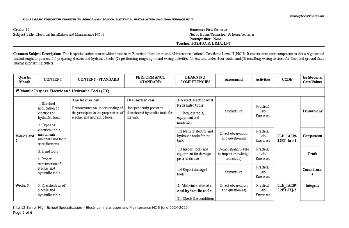CM-12-EIM: Curriculum Guide for Electrical Installation & Maintenance ...
