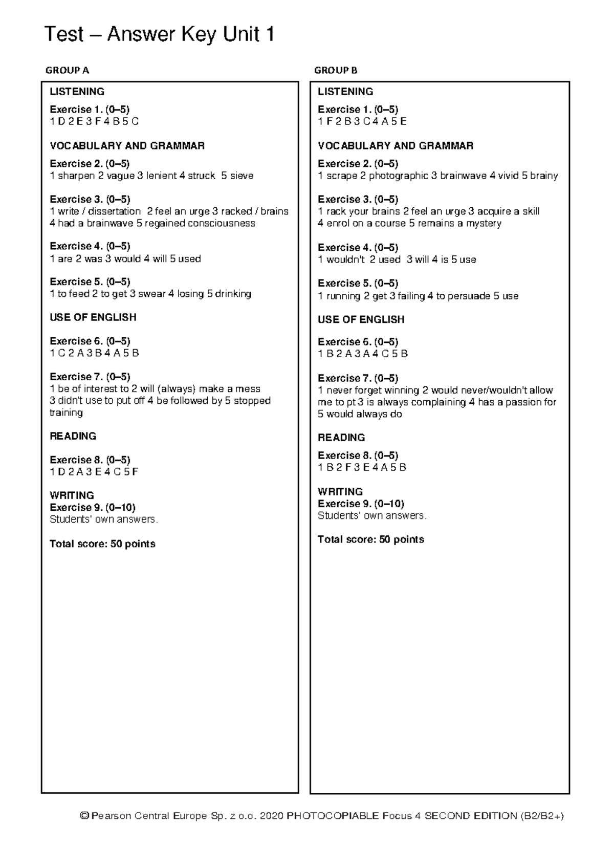 Focus 4 2E Unit 1 Test Answer Key and Scoring Summary - Studocu