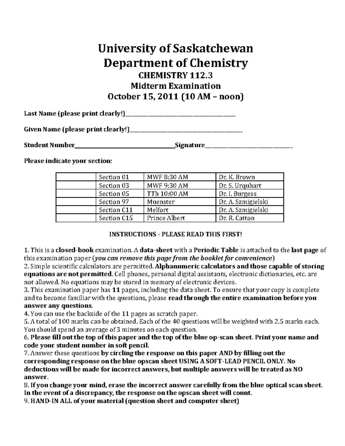 Chem 112 Midterm Exam 1 Sample Questions and Instructions - Studocu