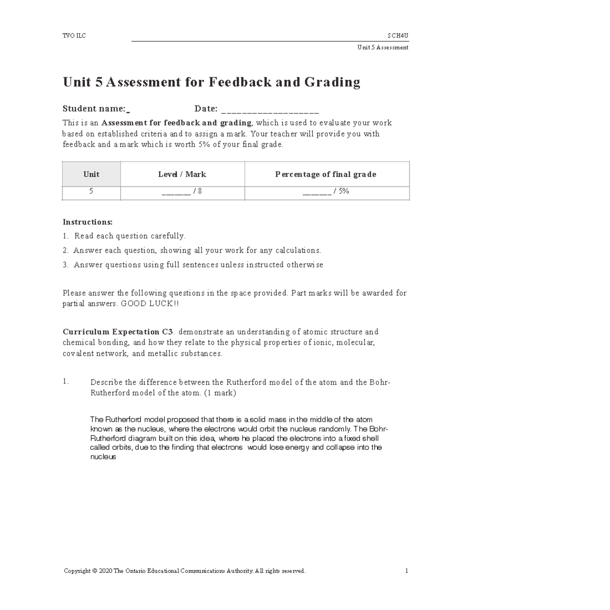 TVO ILC SCH4U Unit 5 Assessment: Atomic Structure & Bonding Evaluation ...