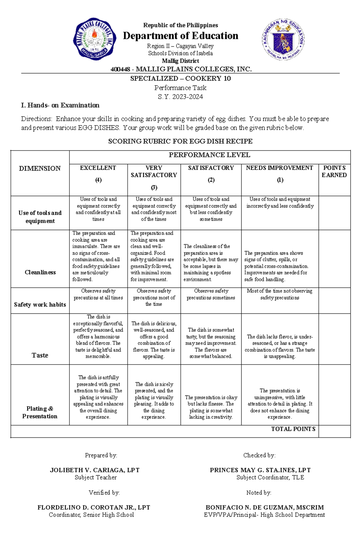 Grade 10 TLE Performance Task Rubric for Egg Dishes - Studocu