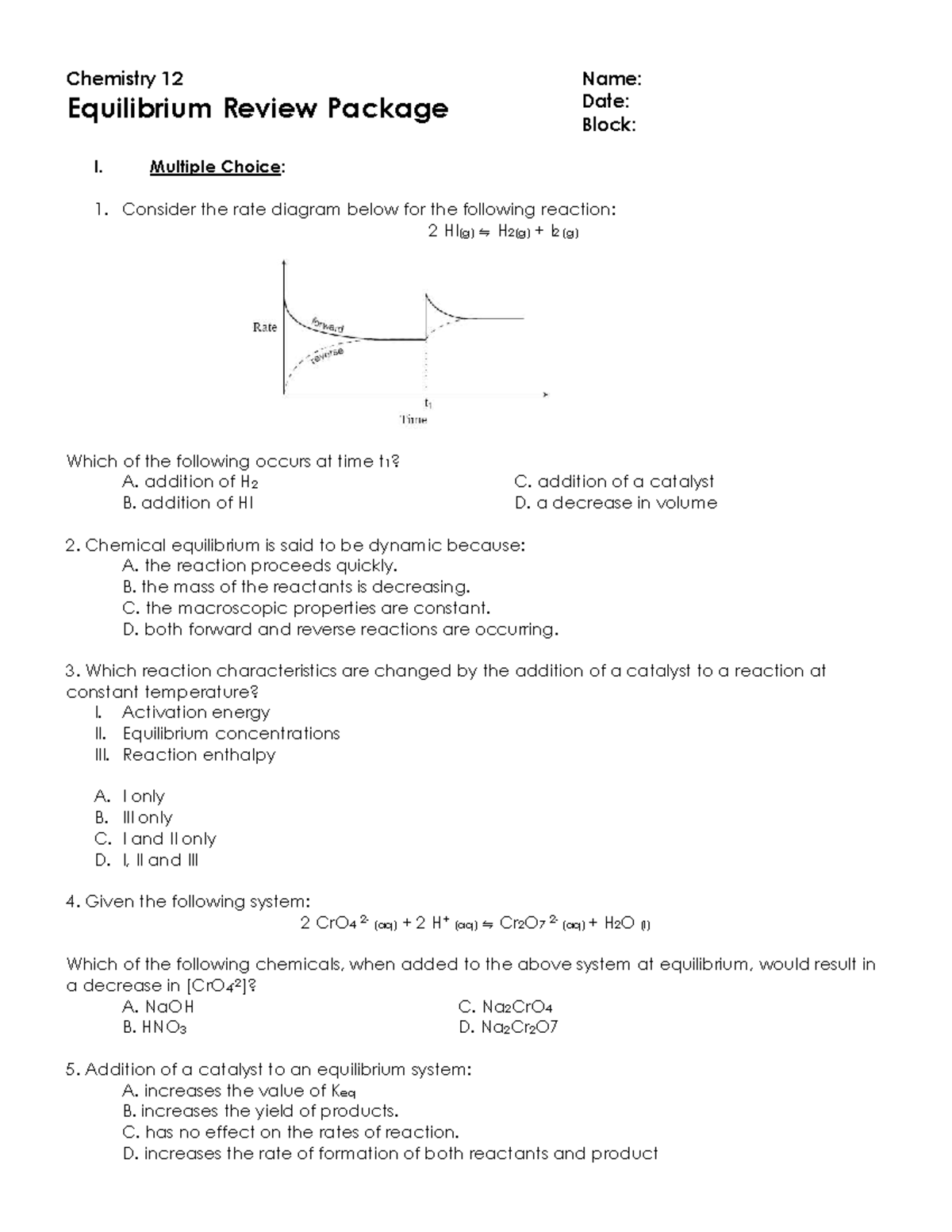 Chemistry 12 Equilibrium Unit Review & Answer Key - Studocu