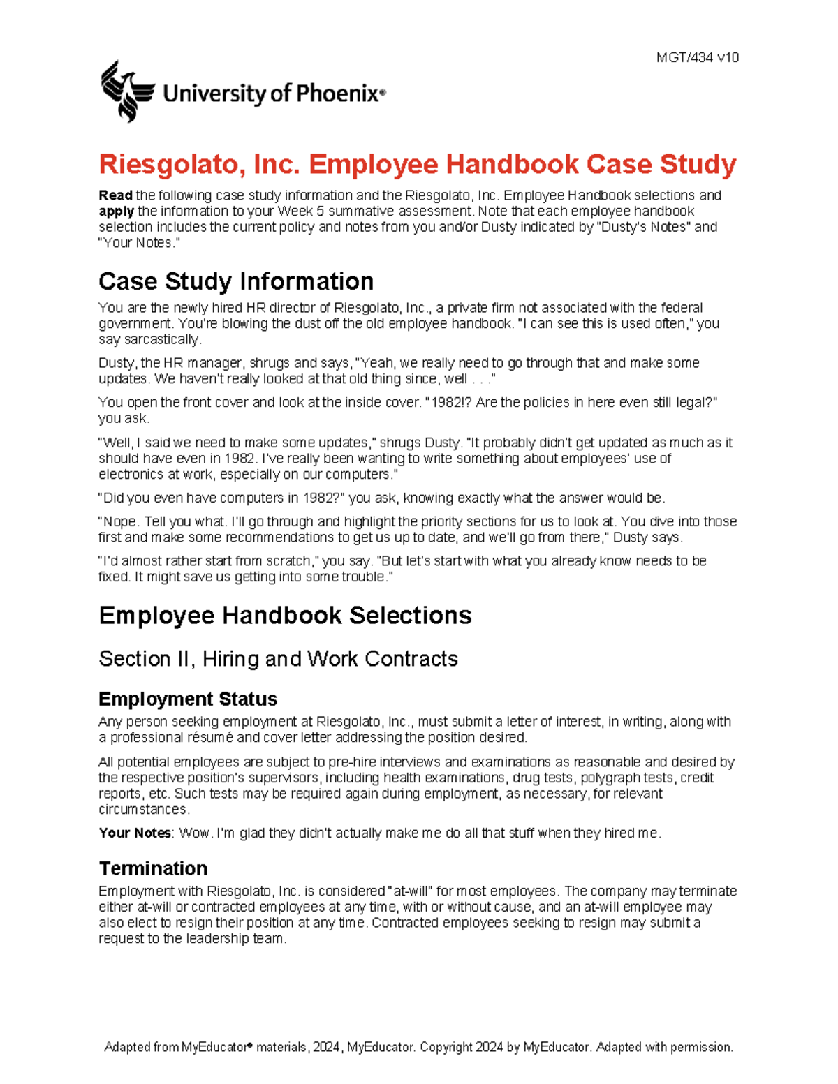 MGT/434 v10 Week 5 Riesgolato Inc. Employee Handbook Case Study - Studocu
