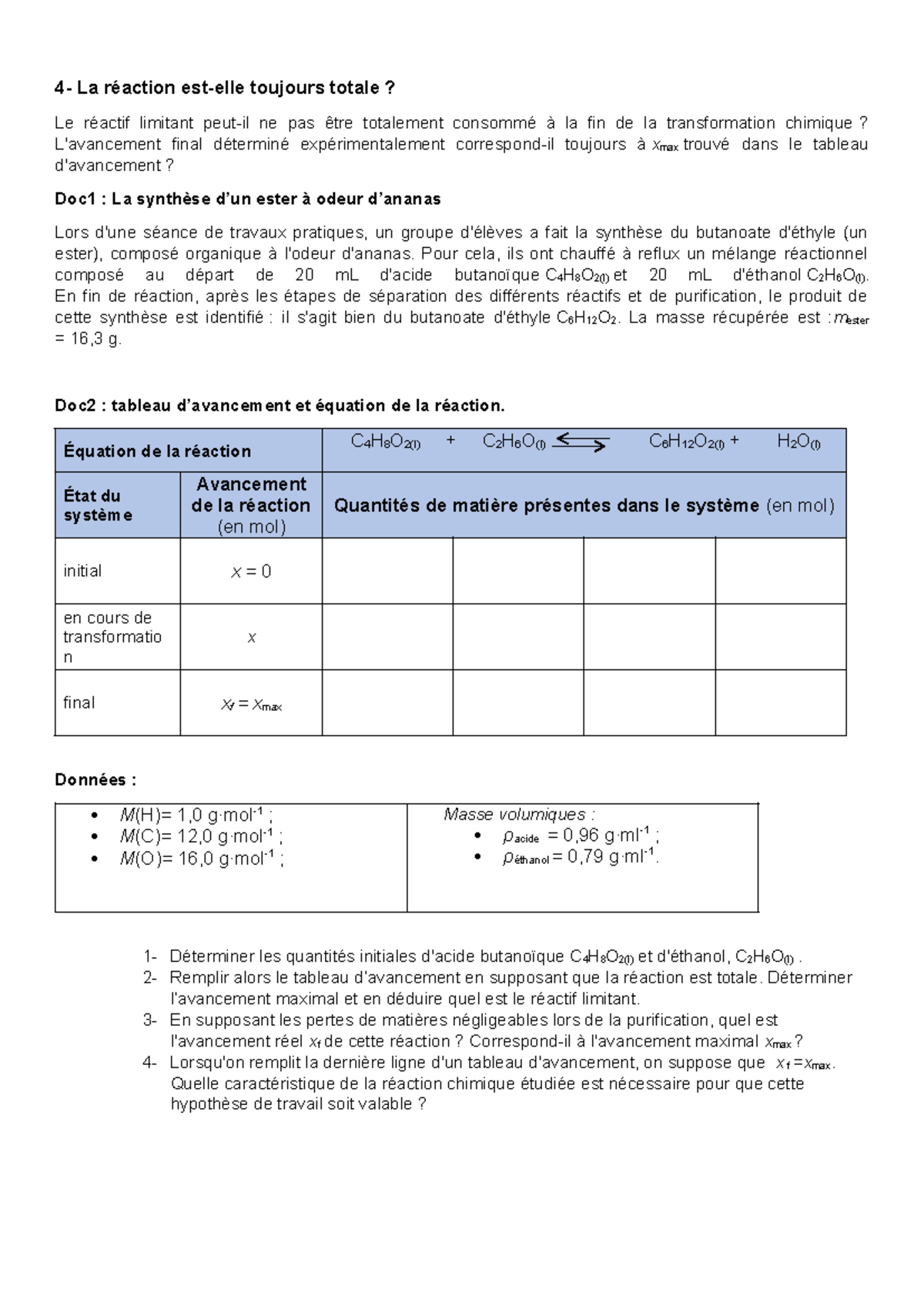 Activité : La Réaction Chimique Totale et le Réactif Limitant - Doc1 ...