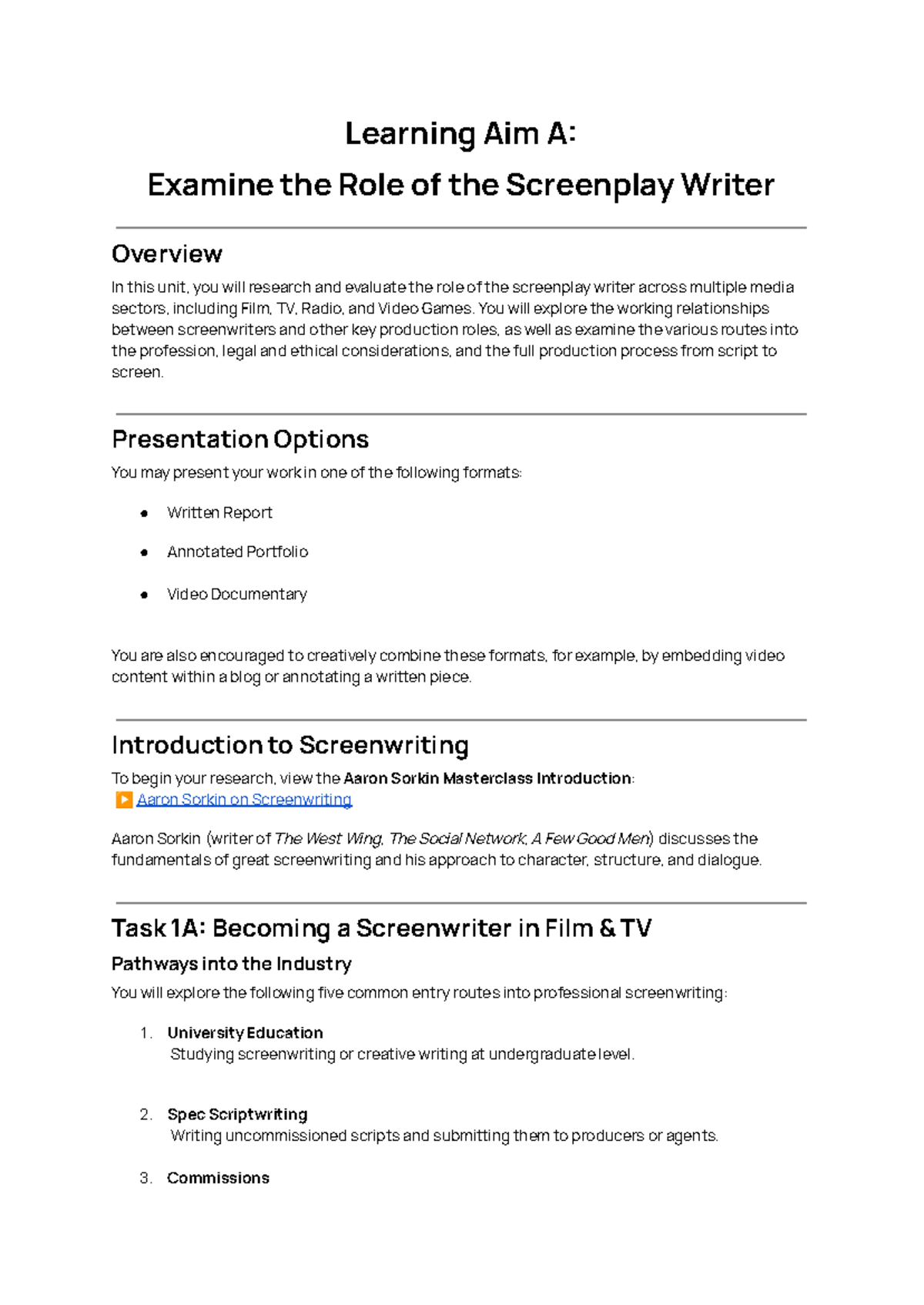 Learning Aim A Examine the Role of the Screenplay Writer - Learning Aim ...