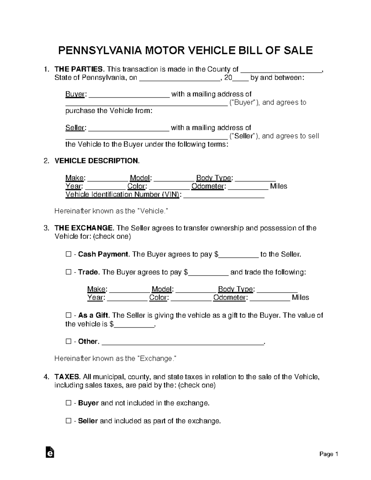PENNSYLVANIA MOTOR VEHICLE BILL OF SALE TEMPLATE - Studocu