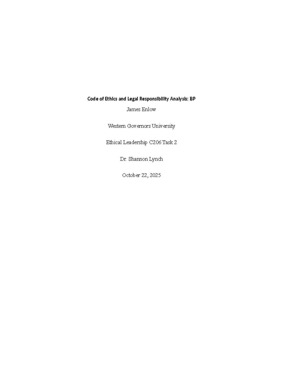 C206 Ethical Leadership: BP Code of Conduct Analysis and Insights - Studocu