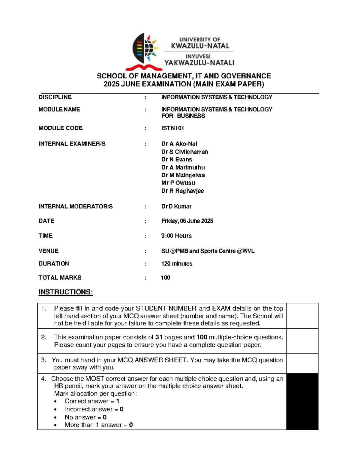 ISTN101 JUNE 2025 FINAL EXAMINATION PAPER: INFORMATION SYSTEMS ...