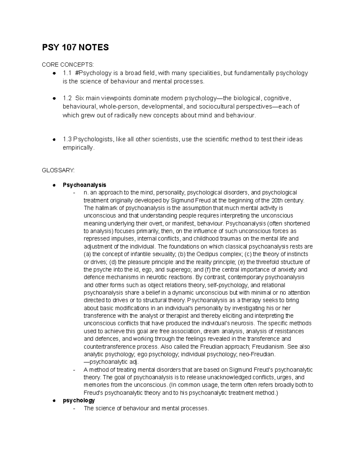 PSY 107 Notes - PSY107 - PSY 107 NOTES CORE CONCEPTS: 1 #Psychology is ...