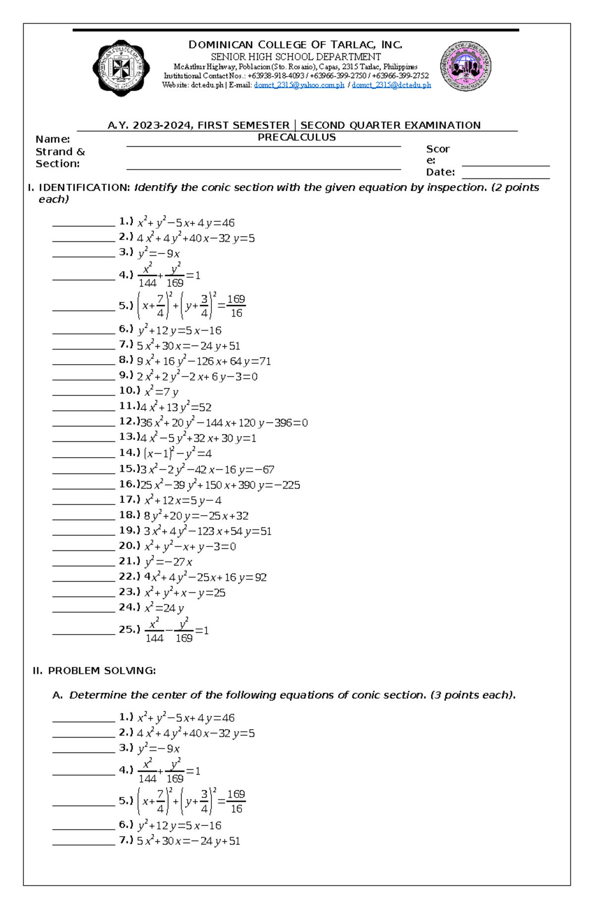 Precalculus 2ND Quarter Final Exam Review on Conic Sections - Studocu