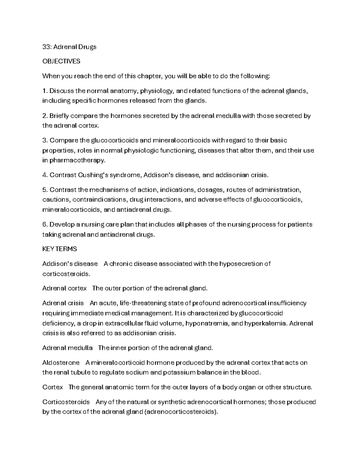 33: Adrenal Drugs - Overview and Nursing Care Considerations - Studocu