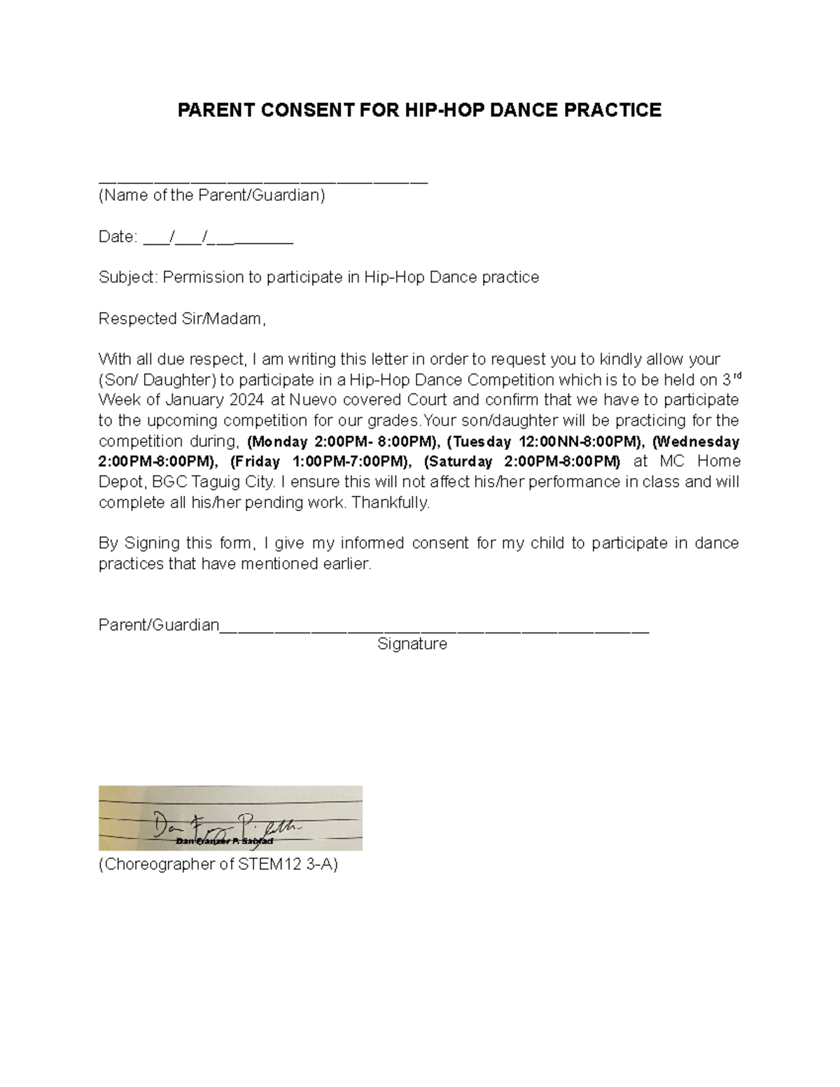 Parent Consent EHEY HEHE - PARENT CONSENT FOR HIP-HOP DANCE PRACTICE ...