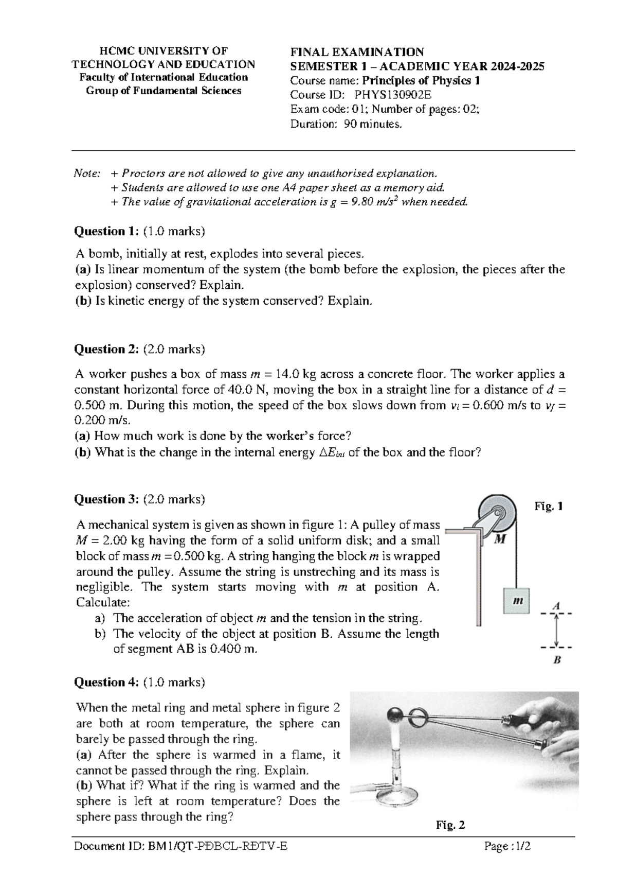 Final Exam: Principles of Physics 1 (PHYS130902E) - Semester 1 2024 ...