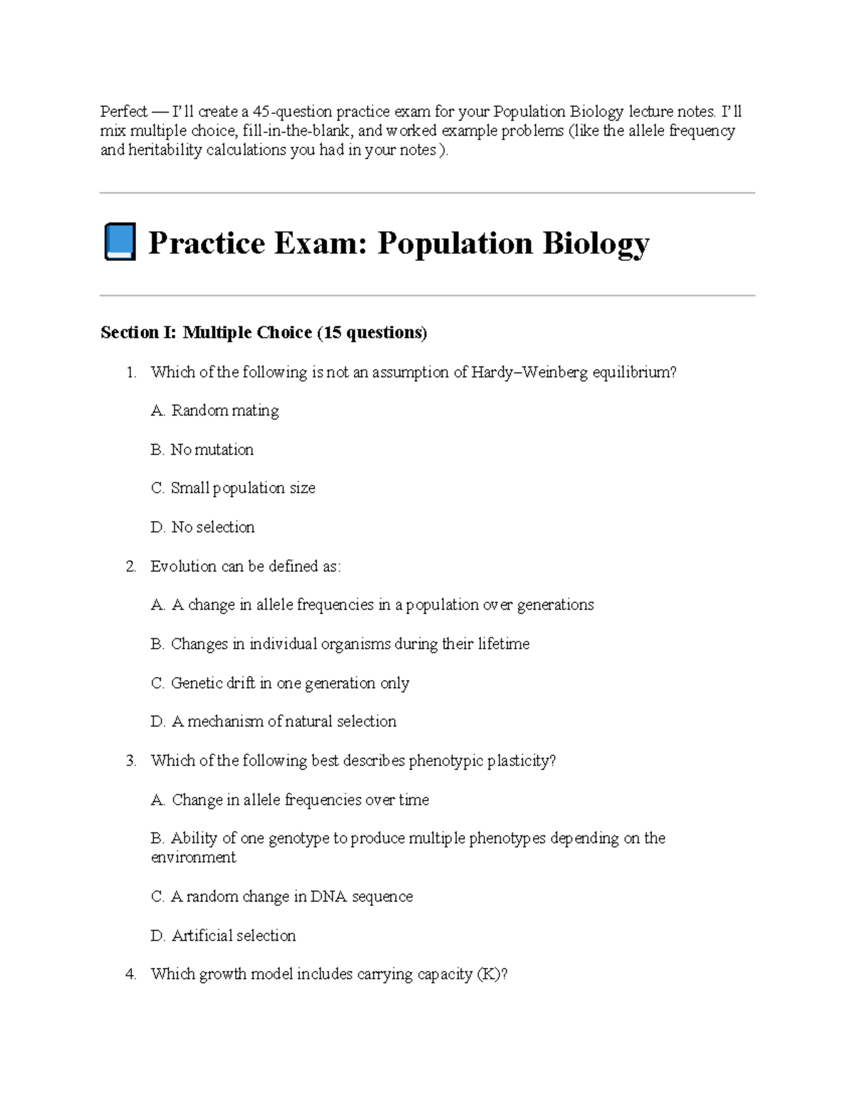 Population Biology Practice Exam: Multiple Choice & Worked Problems ...