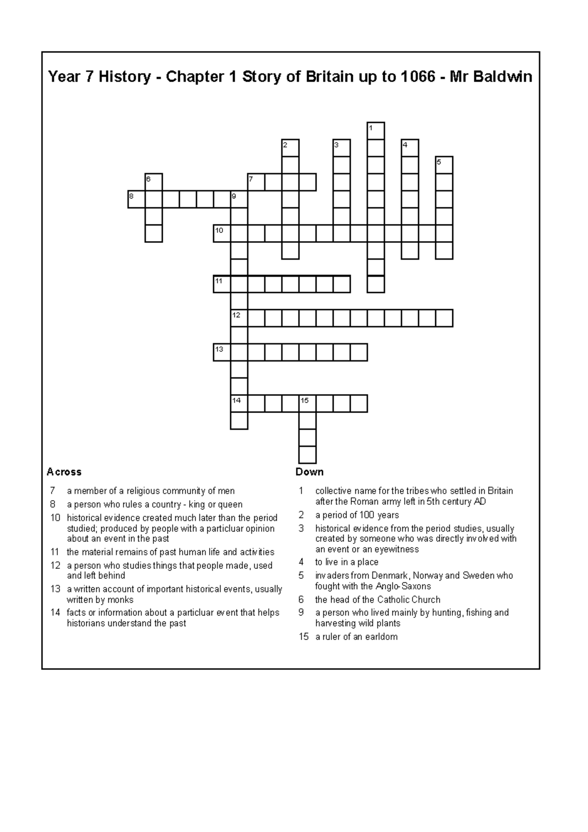 Year 7 History Chapter 1: Story of Britain up to 1066 Crossword - Studocu