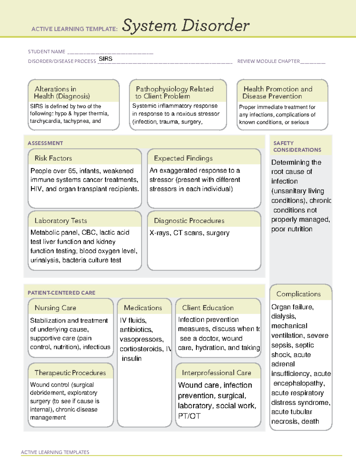 ACTIVE LEARNING TEMPLATE: System Disorder SIRS Review & Care Strategies ...