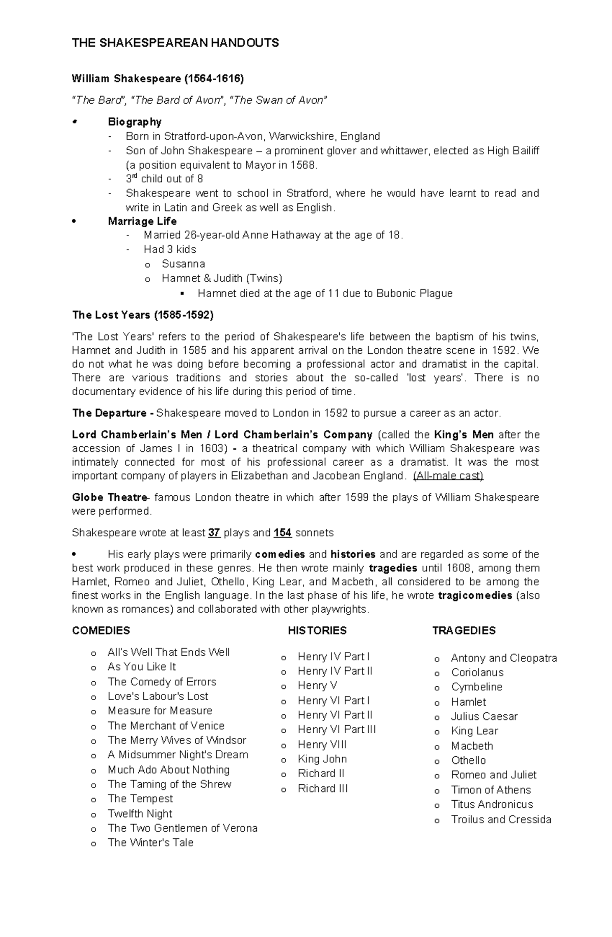 Shakespearean Handouts - THE SHAKESPEAREAN HANDOUTS William Shakespeare ...