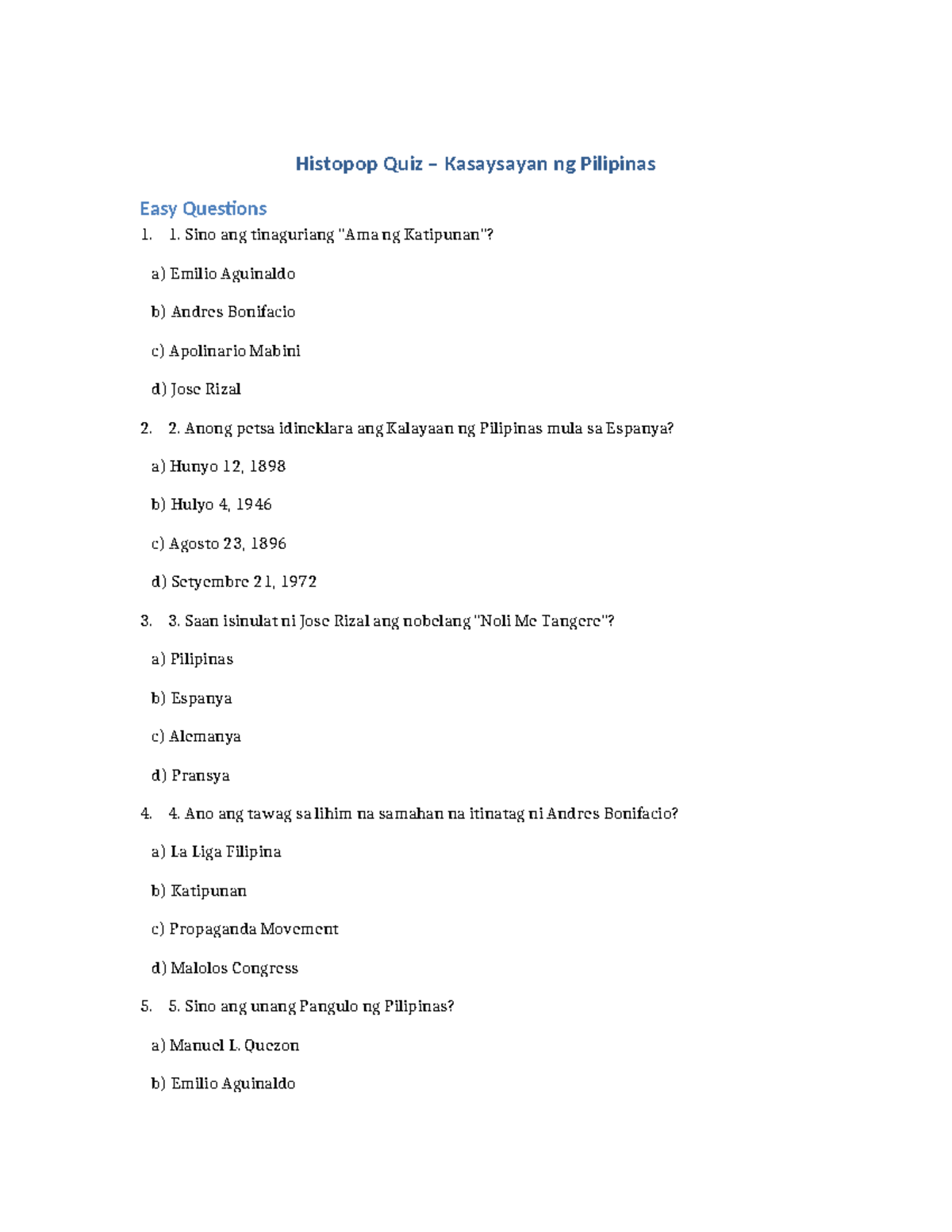 Histopop Quiz: Kasaysayan ng Pilipinas (Easy & Clincher Qs) - Studocu