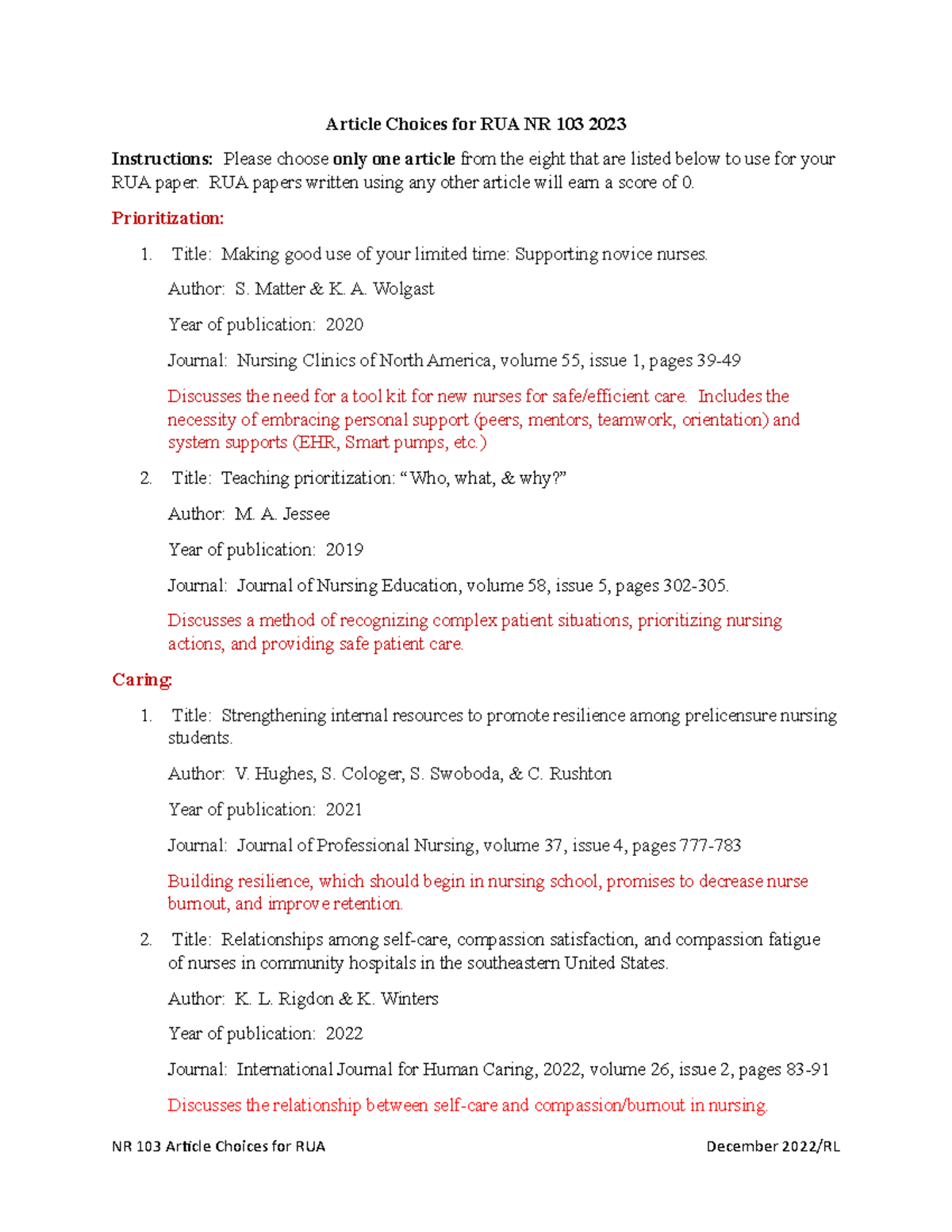 NR 103 2023: Selected Article Choices for RUA Paper Guidance - Studocu