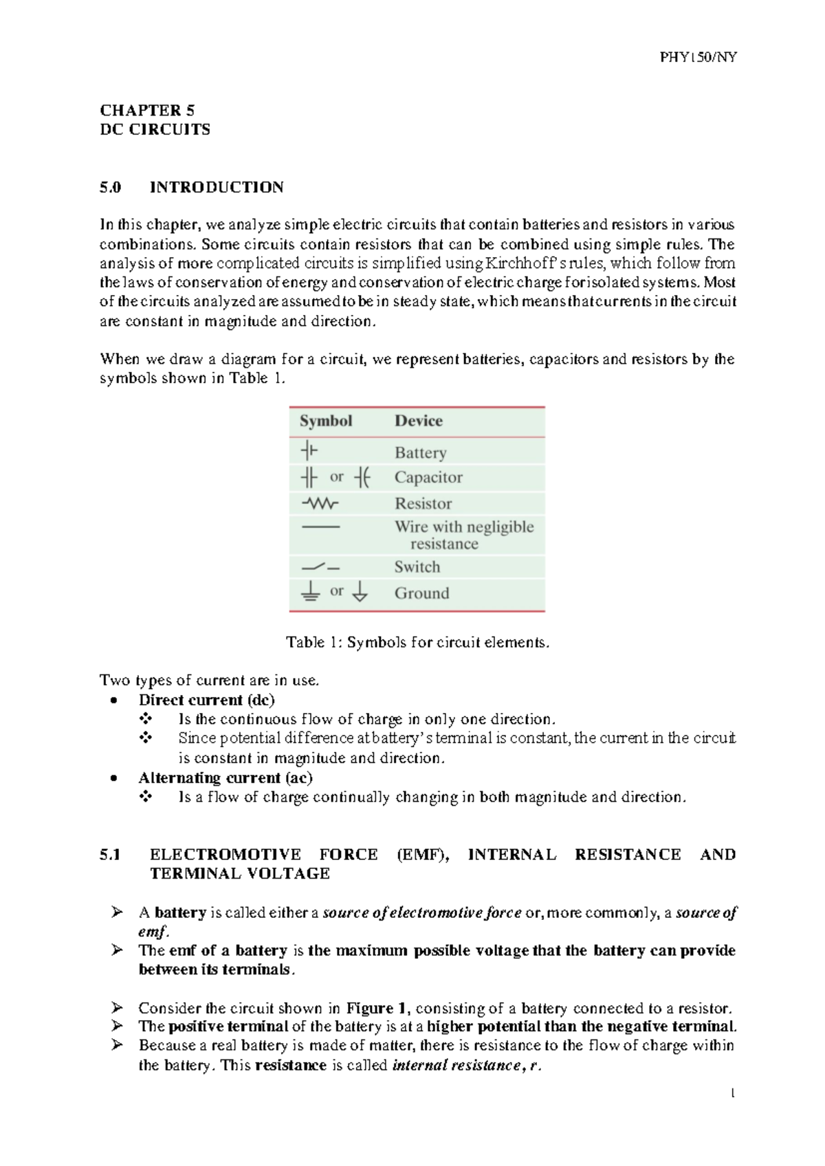 Chapter 5 - DC Circuits (PHY150) - CHAPTER 5 DC CIRCUITS 5 INTRODUCTION ...