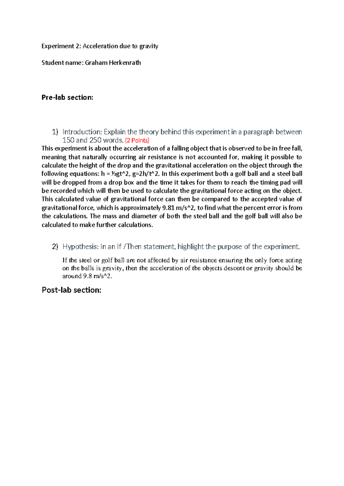 Physics 101: Experiment 2 Lab Report on Acceleration due to Gravity ...