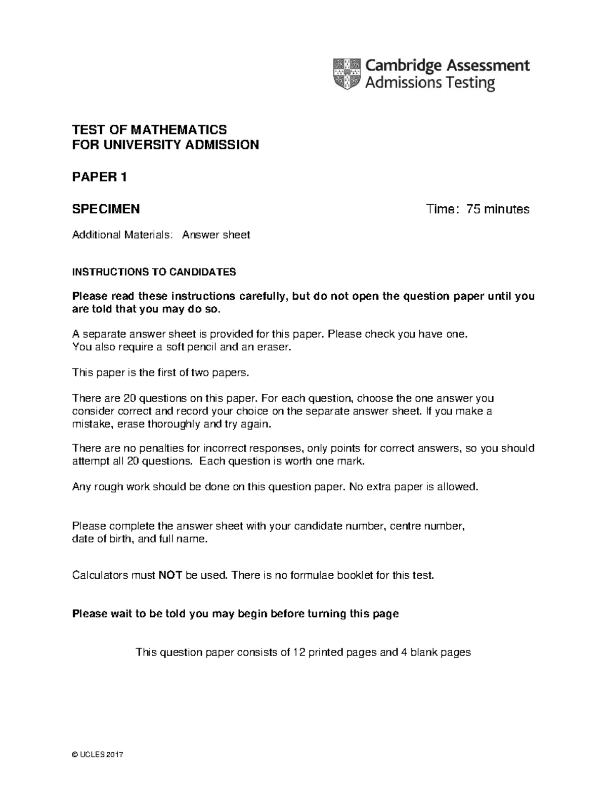 MATHEMATICS FOR UNIVERSITY ADMISSION TEST 314863 SPECIMEN PAPER 1 - Studocu
