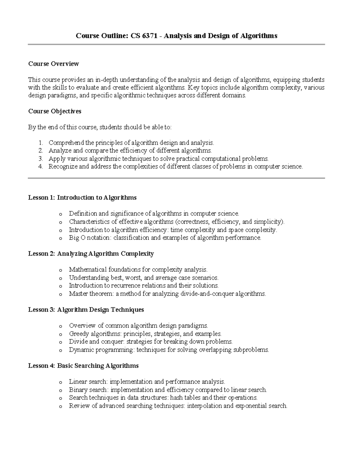 Course Outline cs 6371 - Course Outline: CS 6371 - Analysis and Design of Algorithms Course ...